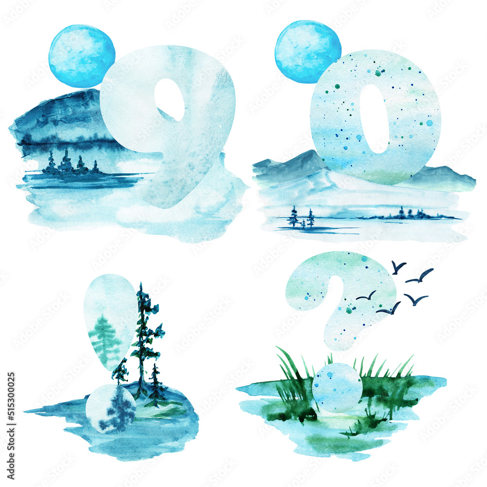 Watercolor set of numbers on emerald green background of nature, forest ...