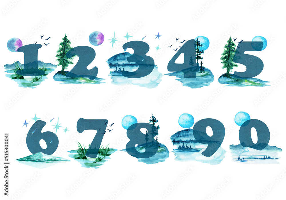 Watercolor set of numbers on emerald green background of nature, forest ...