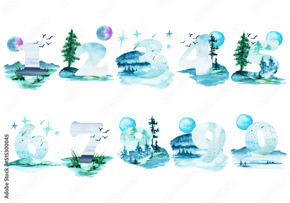 Watercolor set of numbers on emerald green background of nature, forest ...
