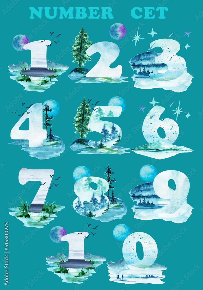 Watercolor set of numbers on emerald green background of nature, forest ...