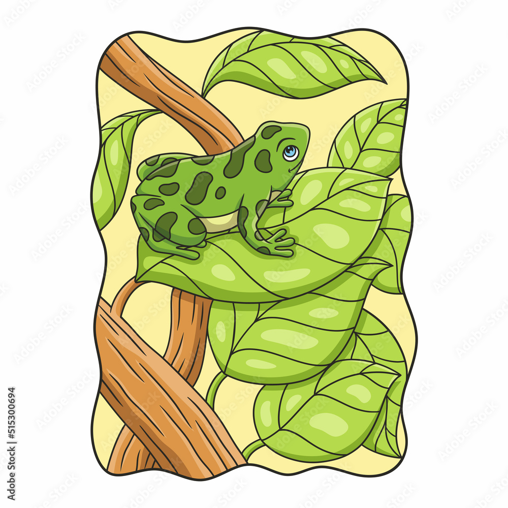 cartoon illustration the frog is on a leaf of a leafy tree and high in ...