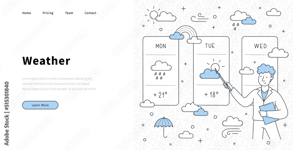 Weather forecast doodle landing page, anchorman doing meteorological ...