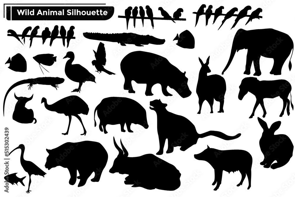 Black silhouette set of Zoo animals collection vector silhouette Stock ...