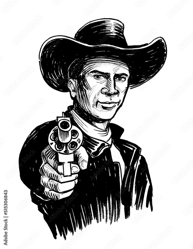 Gangster pointing gun at viewer. Ink black and white drawing Stock ...