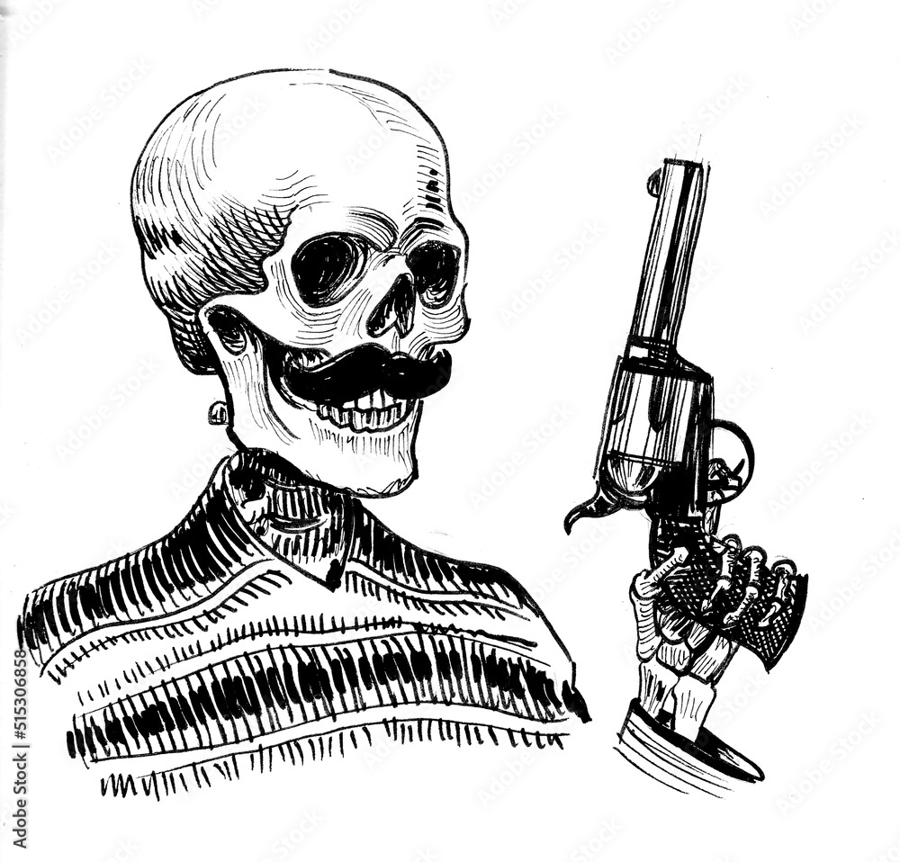 Dead Mexican bandit with a revolver gun. Ink black and white drawing ...