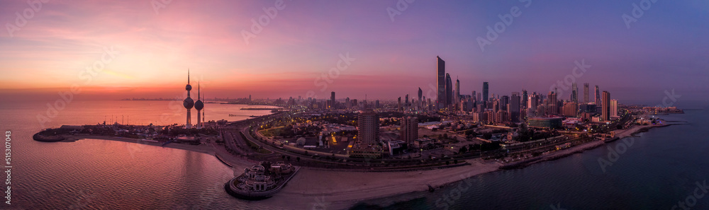 Kuwait City Sunrise Sunset with 3 Tower and Panorama view, Droneshot ...