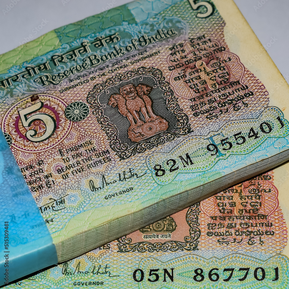 Rare Old Five Rupee notes combined on the table, India money on the ...