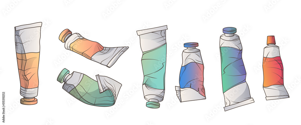 Vector set of illustration of paint tubes. Hand-drawn illustration for ...