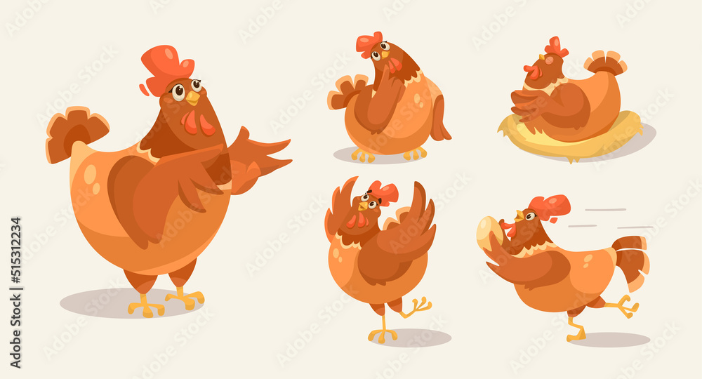 Cute happy hen cartoon character vector illustrations set. Funny comic ...