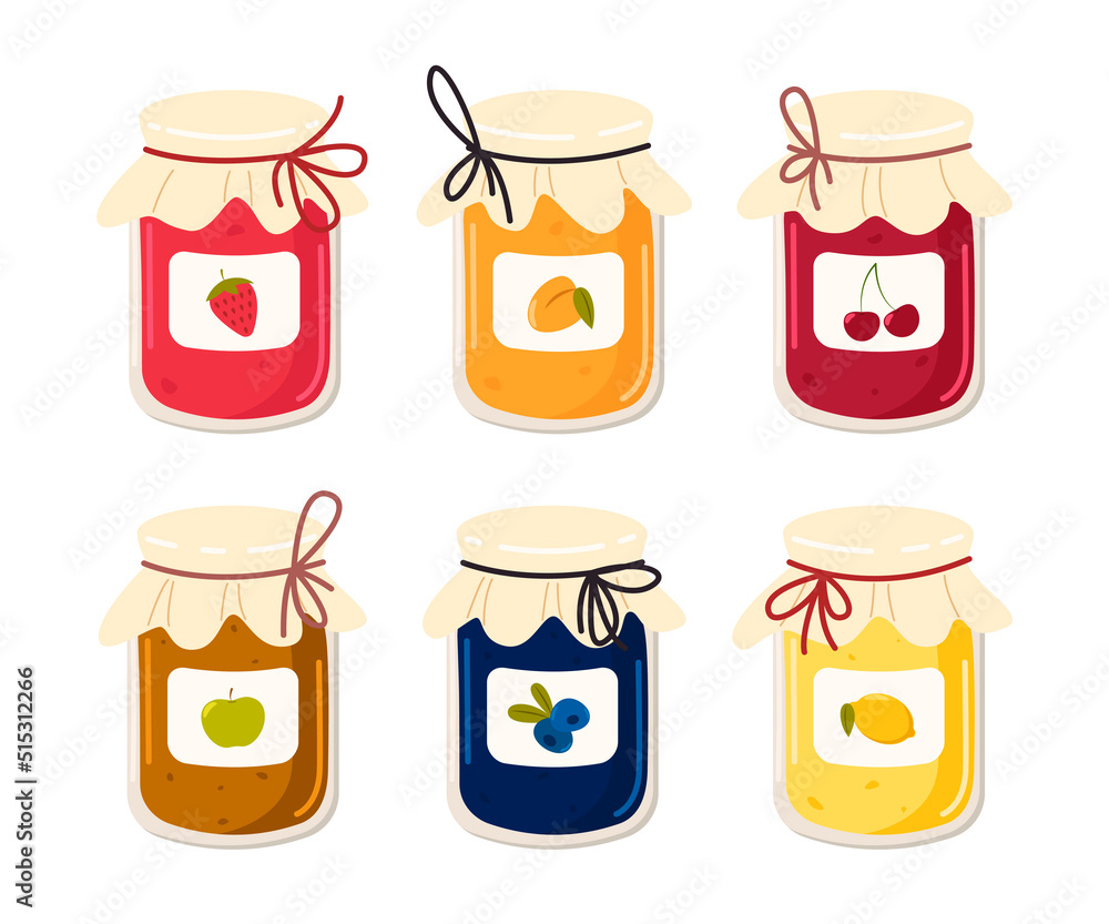 Glass jars with fruit or berry jam vector illustrations set. Cartoon ...