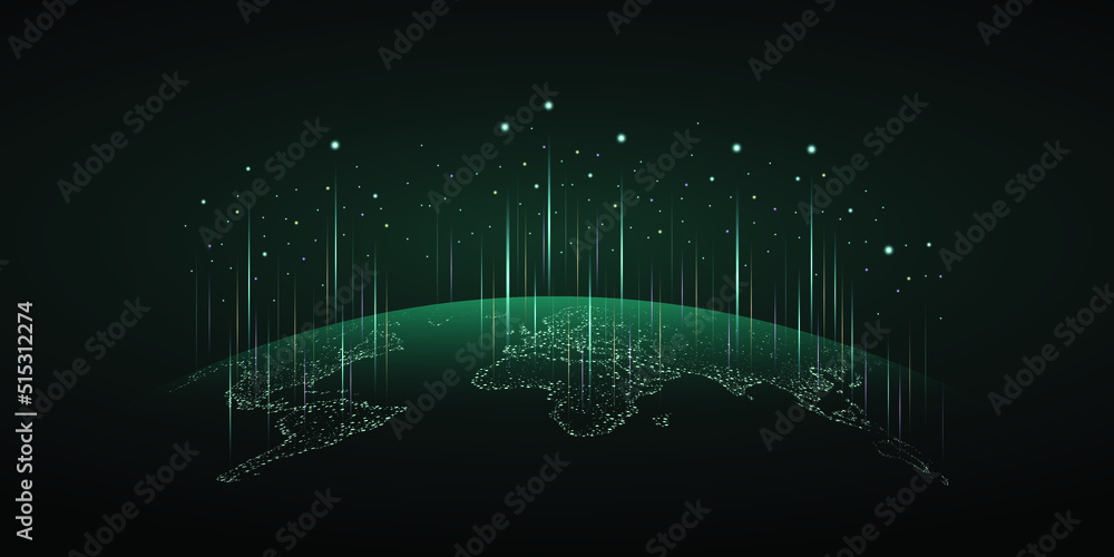 World map and parts connected by dots and lines. A database system that ...