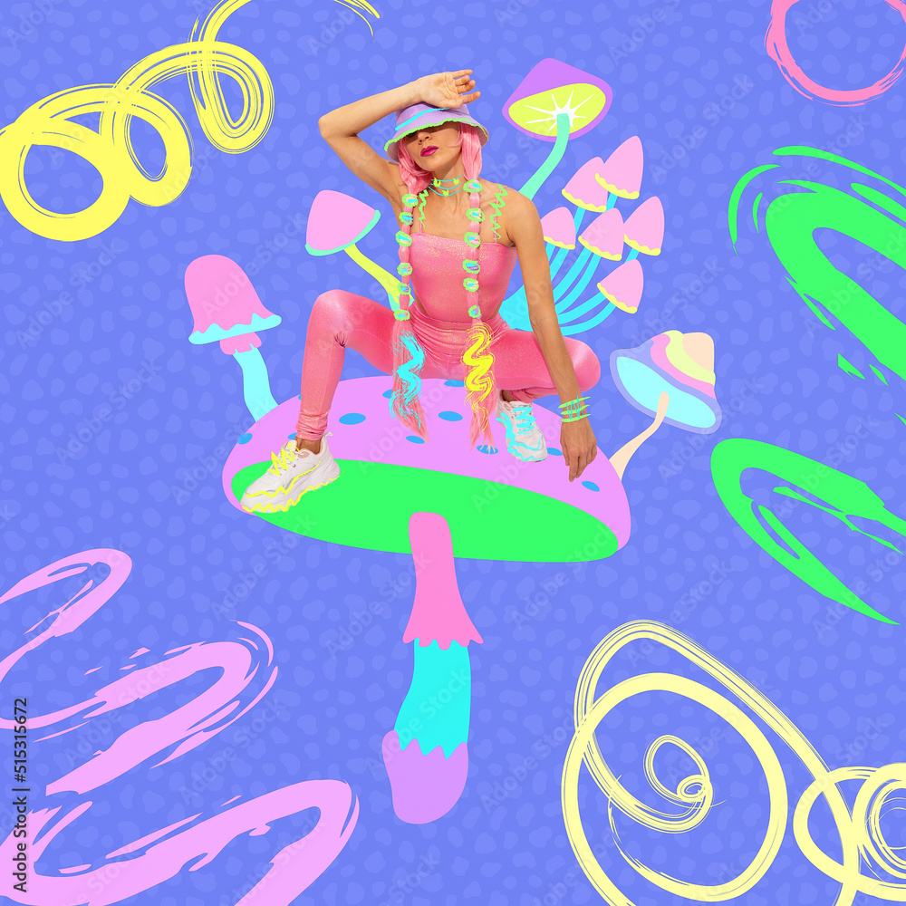 Contemporary minimal collage art. Psychedelic party girl, Hallucination ...