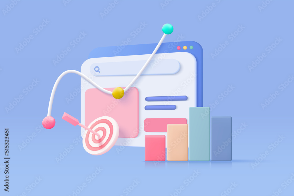 3D SEO optimization with browser for marketing social media concept ...