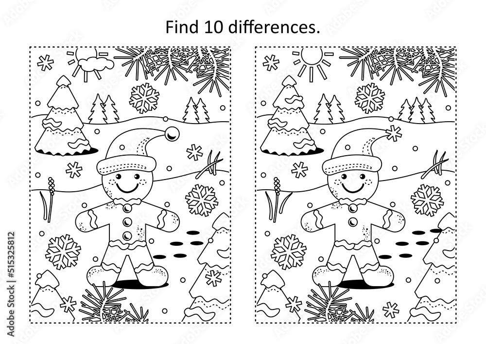 Gingerbread man find ten differences picture puzzle and coloring page ...