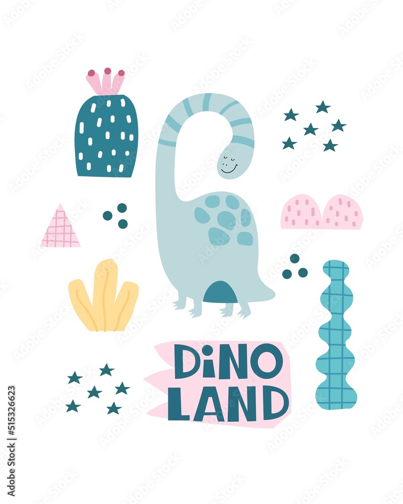 dinoland. cartoon dinosaur, hand drawing lettering, décor elements ...