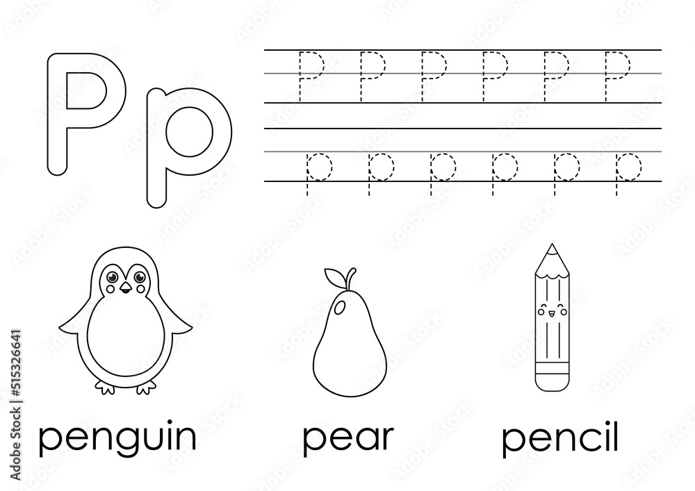 Learning English alphabet for kids. Letter P. Coloring book. Stock ...