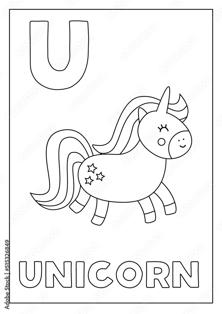 Learning English alphabet for kids. Letter U. Cute unicorn. Stock ...