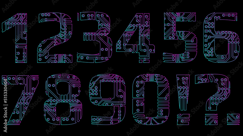 Contour set of digits in digital style perforated with PCB circuit ...