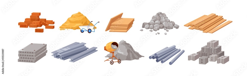 Building materials set. Bricks, cement, sand, stones, concrete, metal ...