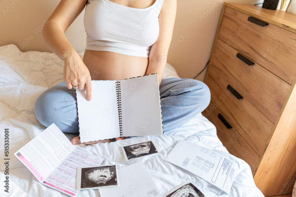 Pregnant woman writing list. Young pregnancy mother holding notepad ...