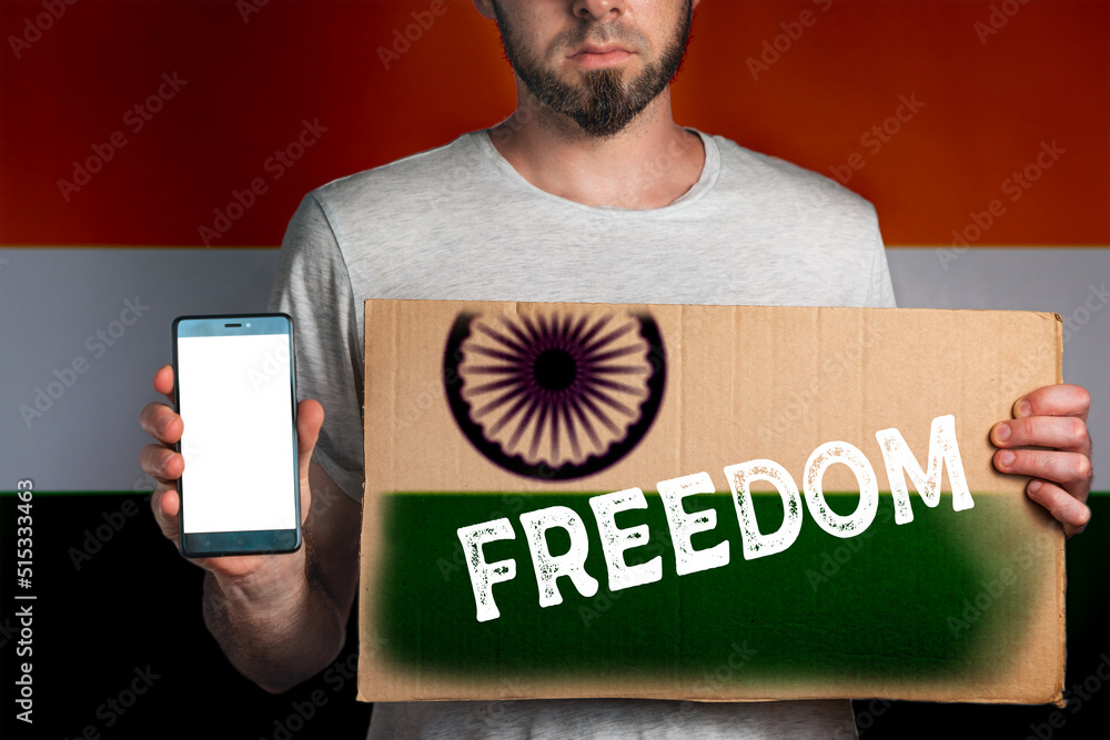 Concept of freedoms and human rights. A man with a cardboard and a ...