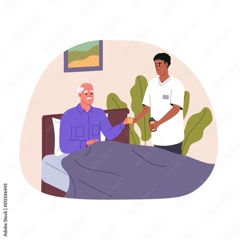 Caregiver caring about elderly man, lying in bed. Social worker help ...