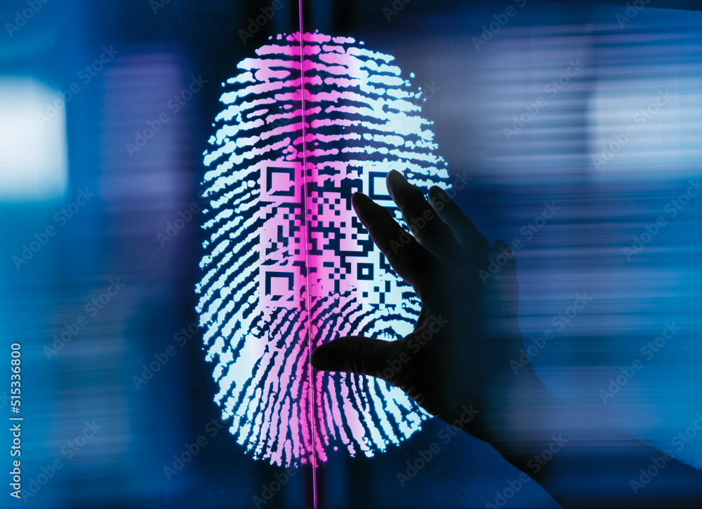 Finger print with QR code being scanned Stock Photo | Adobe Stock