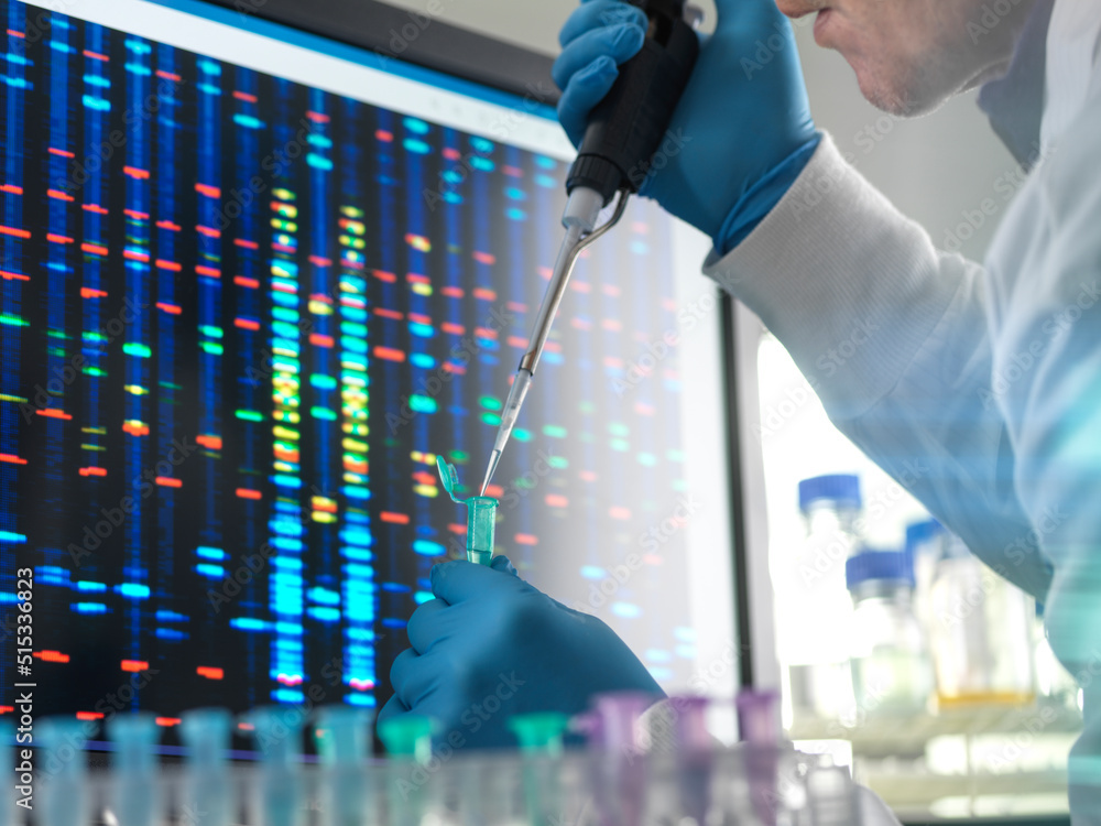 Scientist pipetting a DNA sample into a vial ready for testing Stock ...