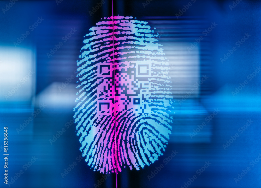 Finger print with QR code being scanned Stock Photo | Adobe Stock