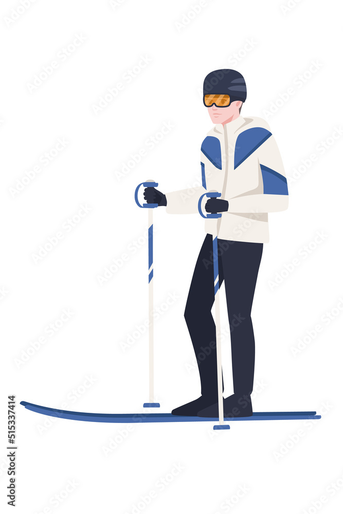 Male skier standing still with blue ski and sticks and winter jacket ...