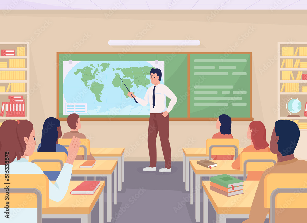 High school geography lesson flat color vector illustration. Teaching ...