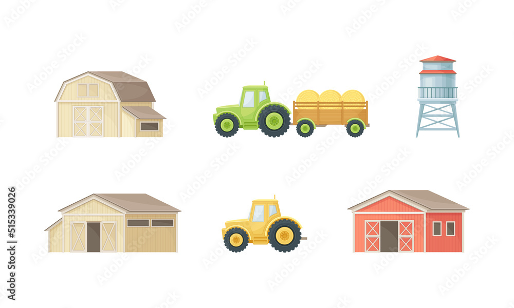 Farm rural buildings and agricultural machines set. Wooden barn ...