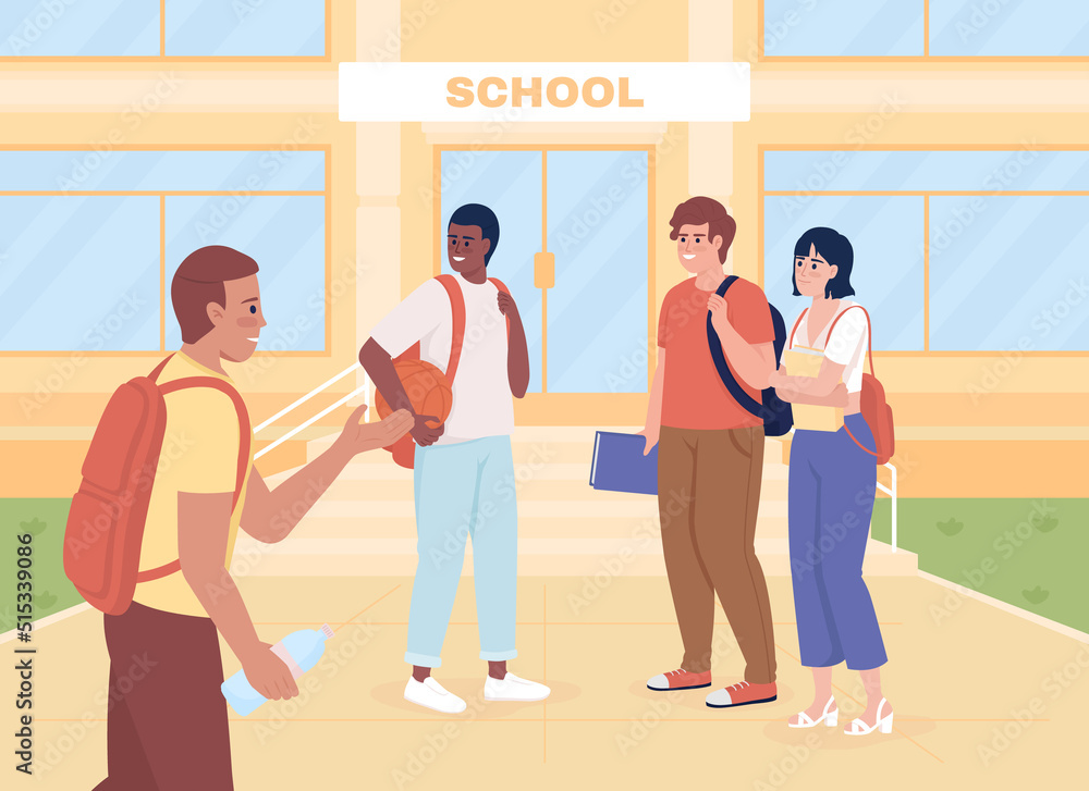 Welcome back to school flat color vector illustration. Happy meeting ...