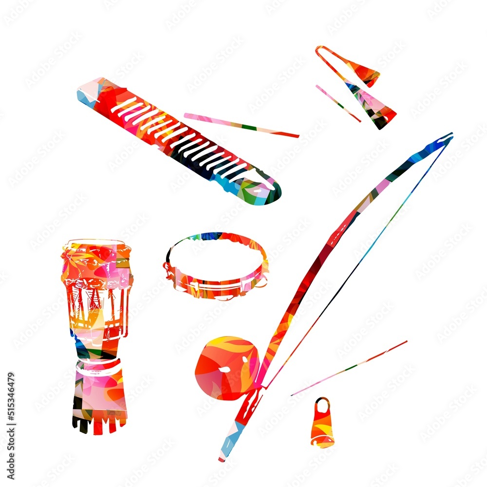 Brazilian capoeira musical instruments collection, colorful ethnic ...
