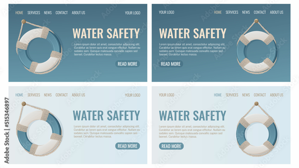 Lifebuoy with rope, set of blue and light web template, vector ...