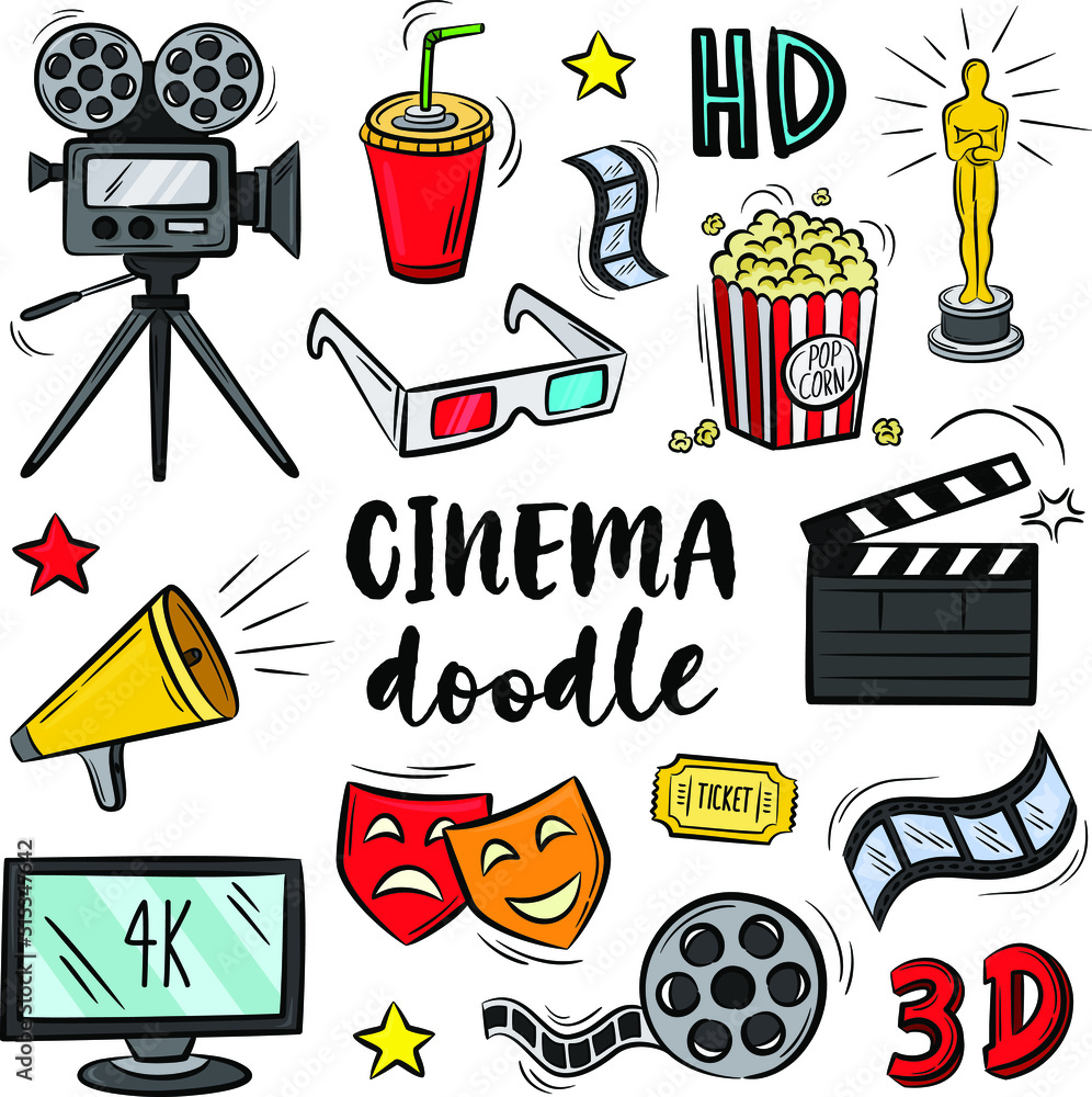 Set of cinema and movie related doodles vector illustration. Colorful ...