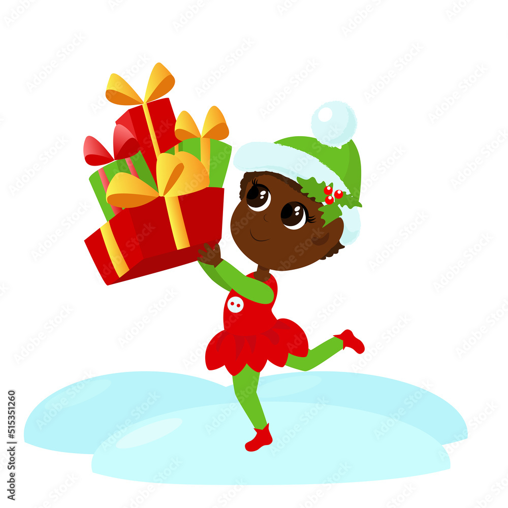 Happy elf girl runs with gifts in her hands. The child is wearing ...