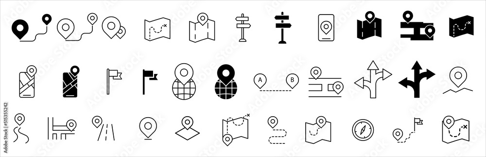 Location and destination icons travel map geo. Navigation icon set ...