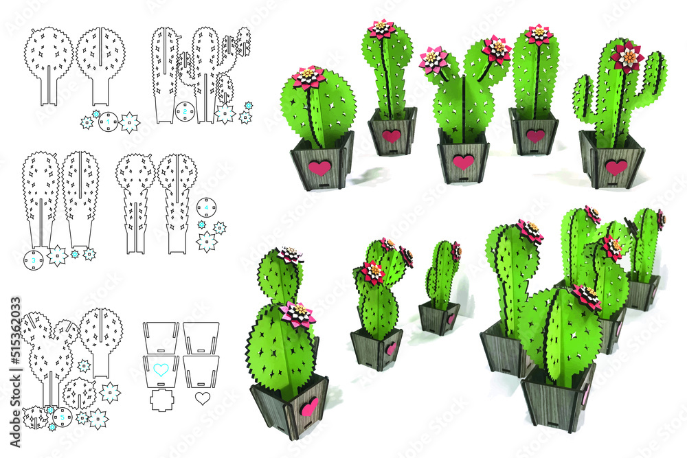 Wooden Cactus Plant 5 Different Pcs Cactus Model 3mm Digital File For ...