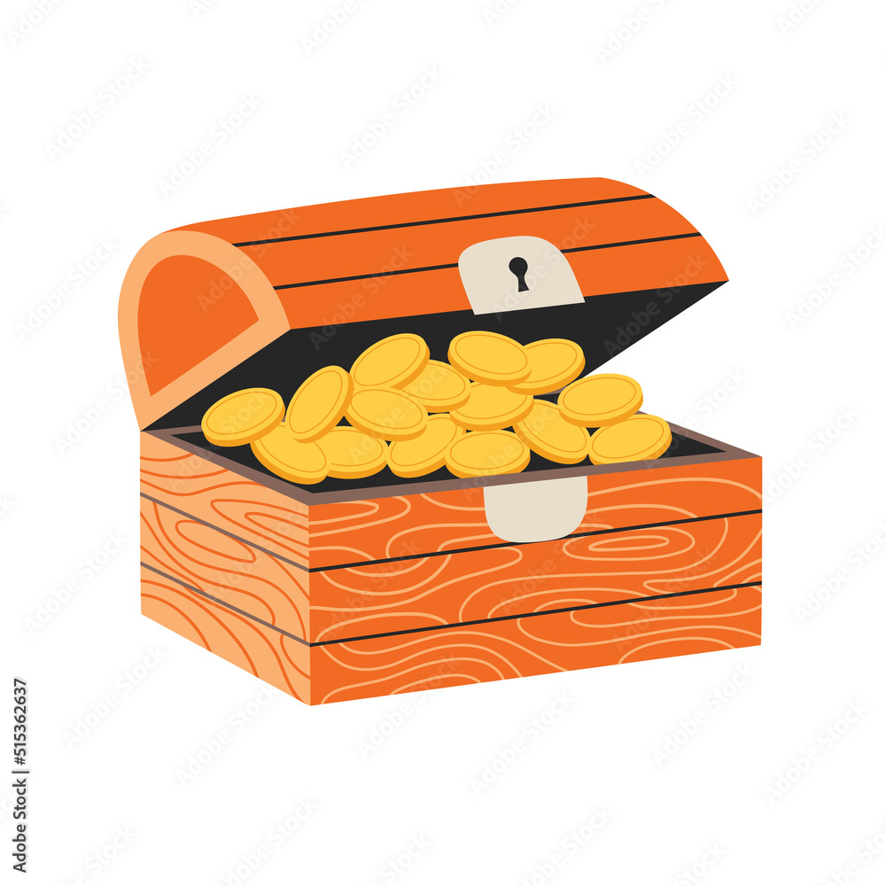 Vector treasure chest with gold coins. Flat cartoon illustration Stock ...