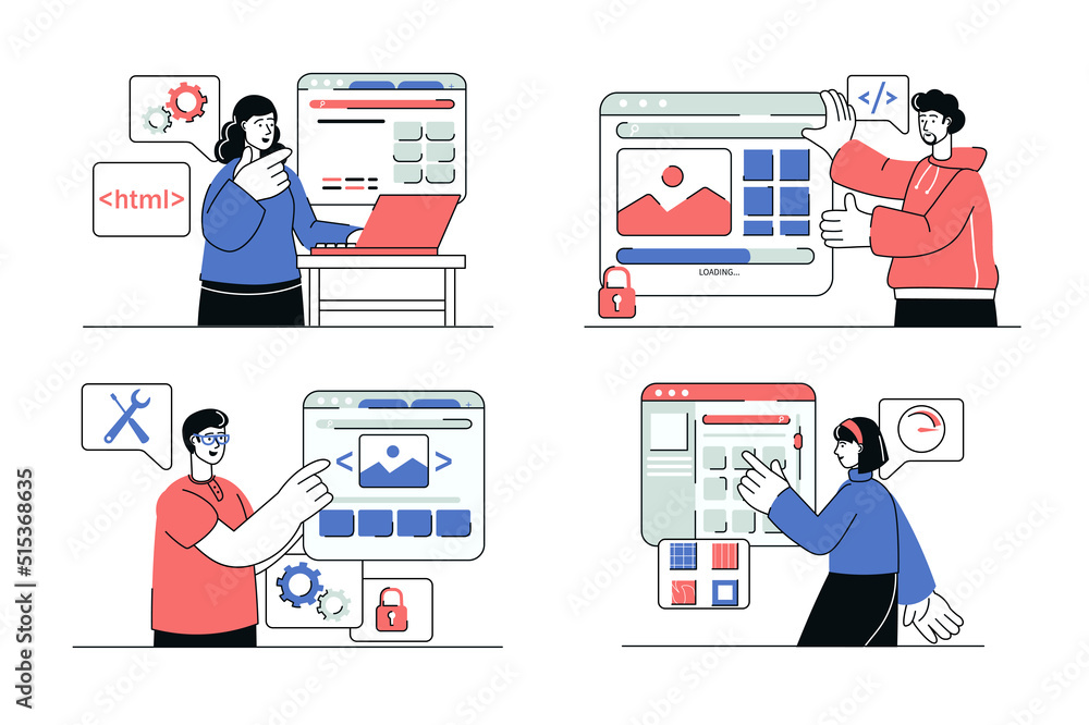 Web designer concept set in flat line design. Men and women working on ...