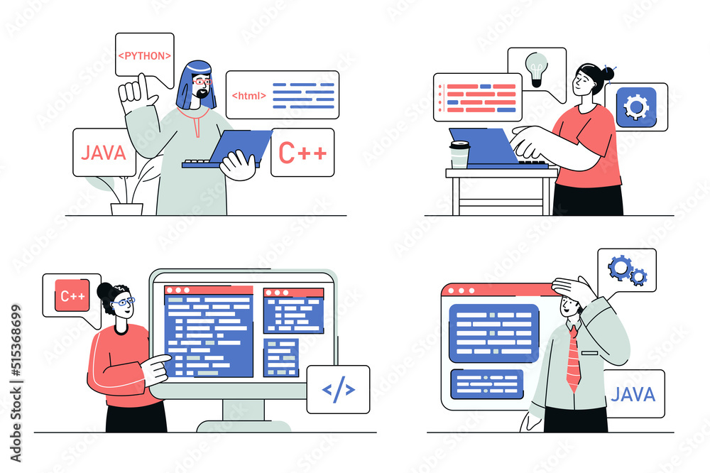 Programming working concept set in flat line design. Men and women work ...