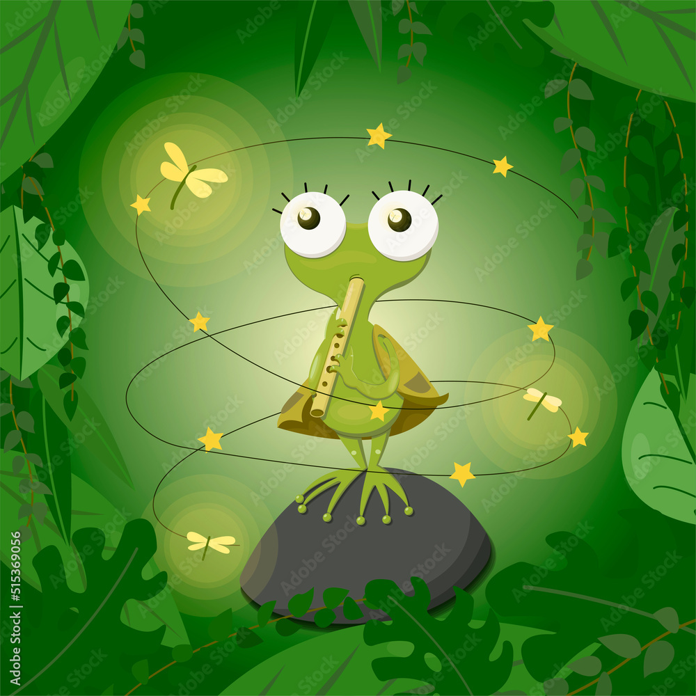 Cute cartoon magic frog - musician. Kawaii animal character in forest ...