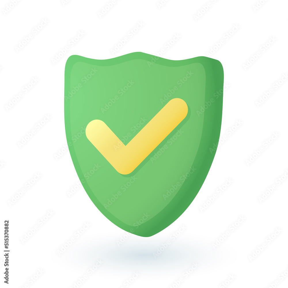 3d cartoon style green shield with checkmark icon. Realistic security ...