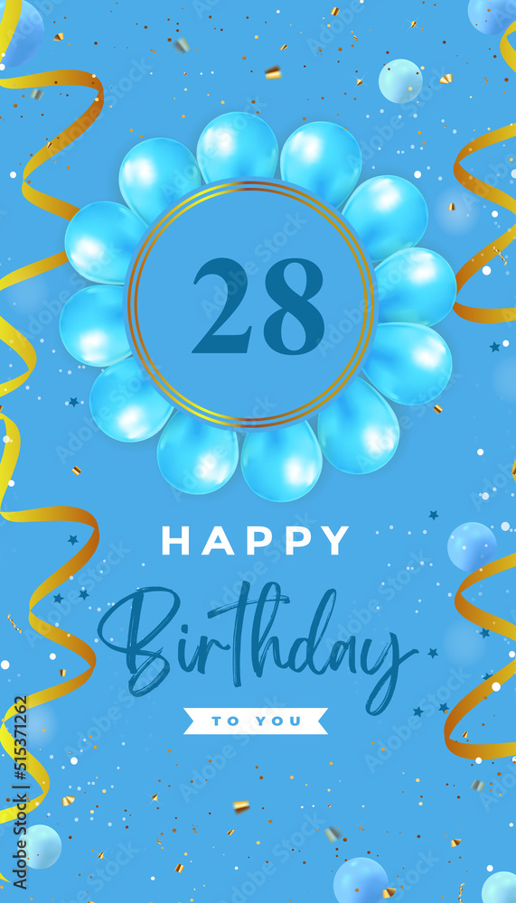 Happy 28th birthday with blue balloon and gold confetti isolated on ...