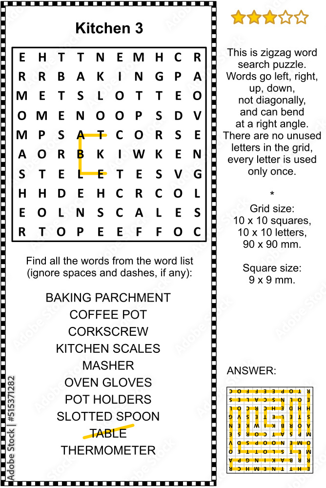 Kitchen themed third zigzag word search puzzle (suitable both for kids ...