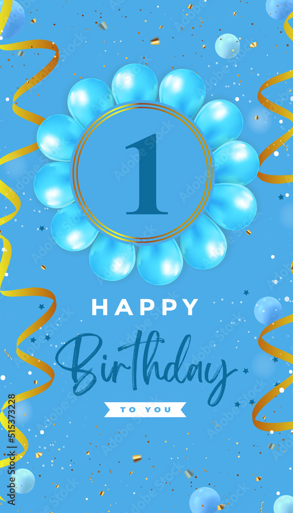 Happy 1st birthday with blue balloon and gold confetti isolated on blue ...