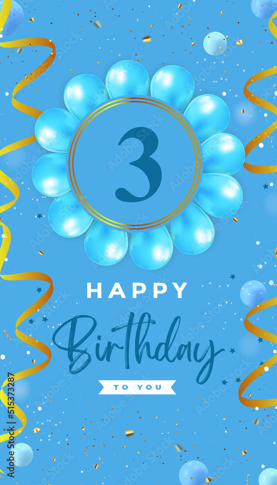 Happy 3rd birthday with blue balloon and gold confetti isolated on blue ...