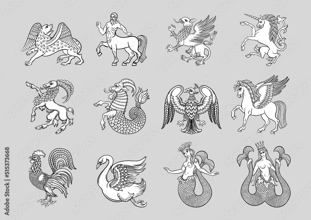 Heraldic mythical animals and creatures. Traditional character styles ...