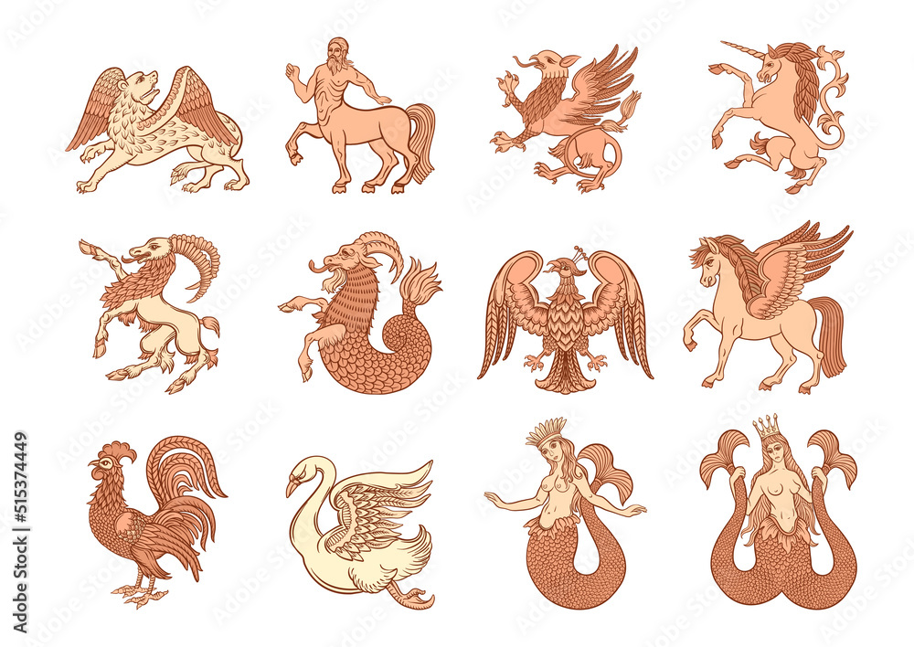 Heraldic mythical animals and creatures. Traditional character styles ...